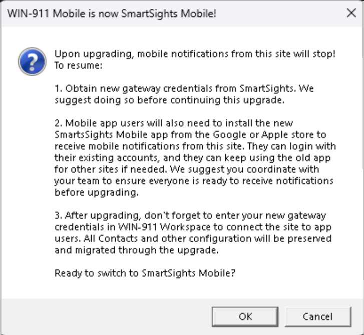 SmartSights Mobile Warning When Upgrading to Version 2025
